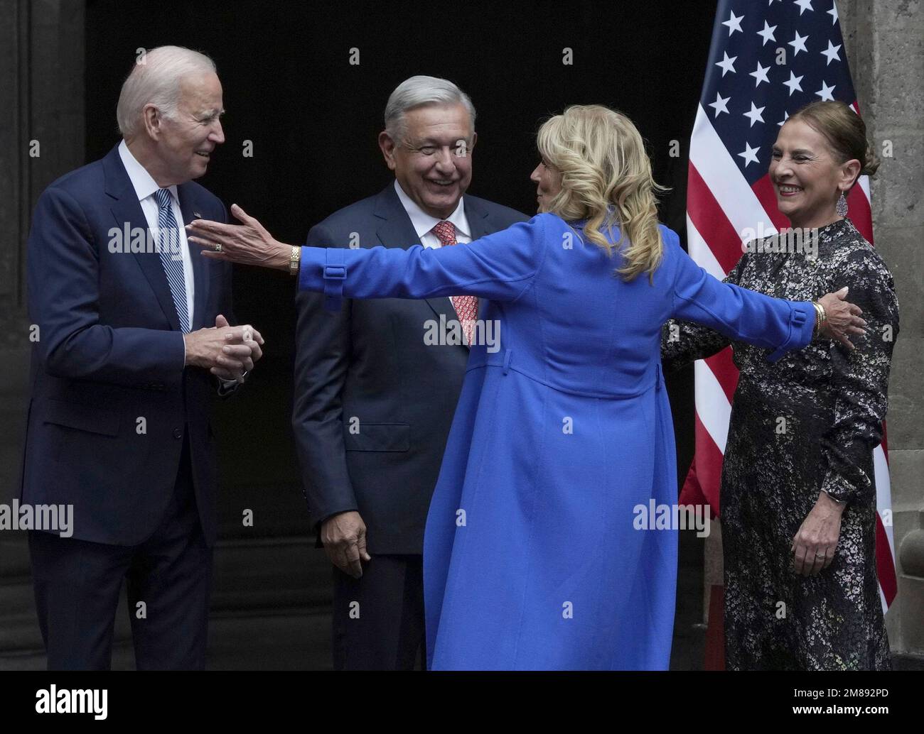 U.S. First Lady Jill Biden opens her arms to embrace Mexico's President ...