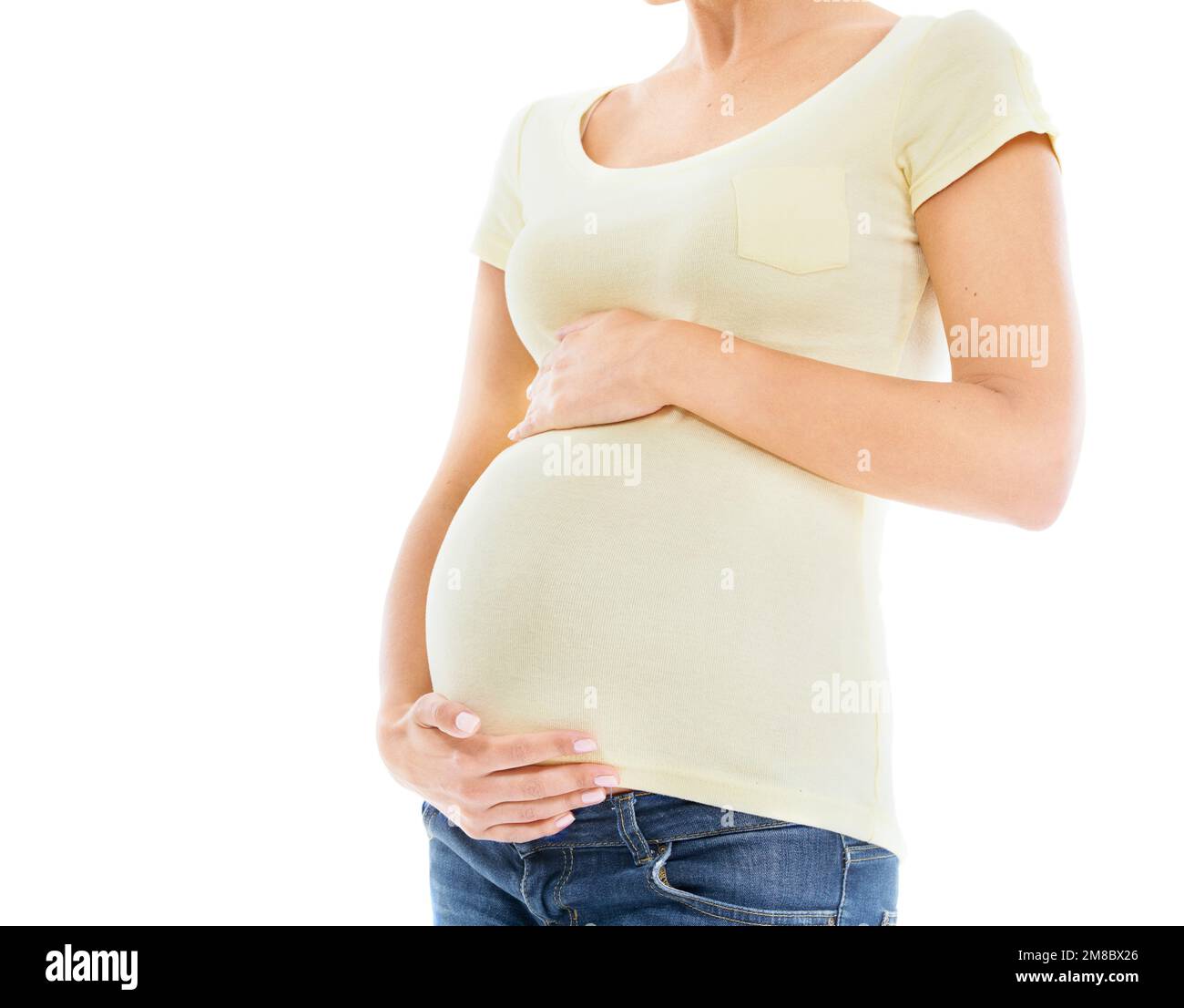 Mutter, Schwangerschaft und Frau berühren ihren Bauch mit Sorgfalt ...
