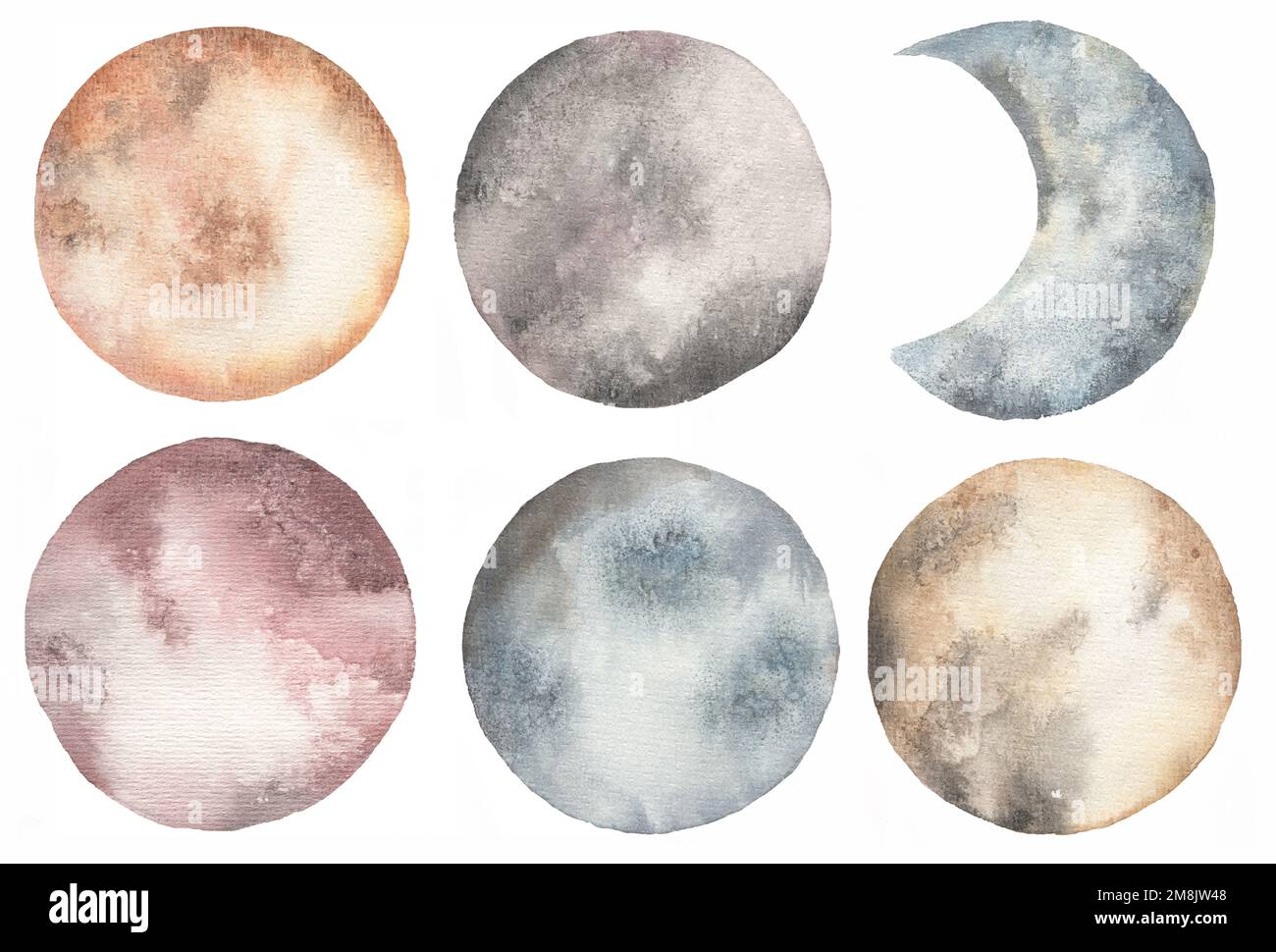 Aquarell Planets and Moon Phases Clipart, Crescent Clipart, Celestial ...