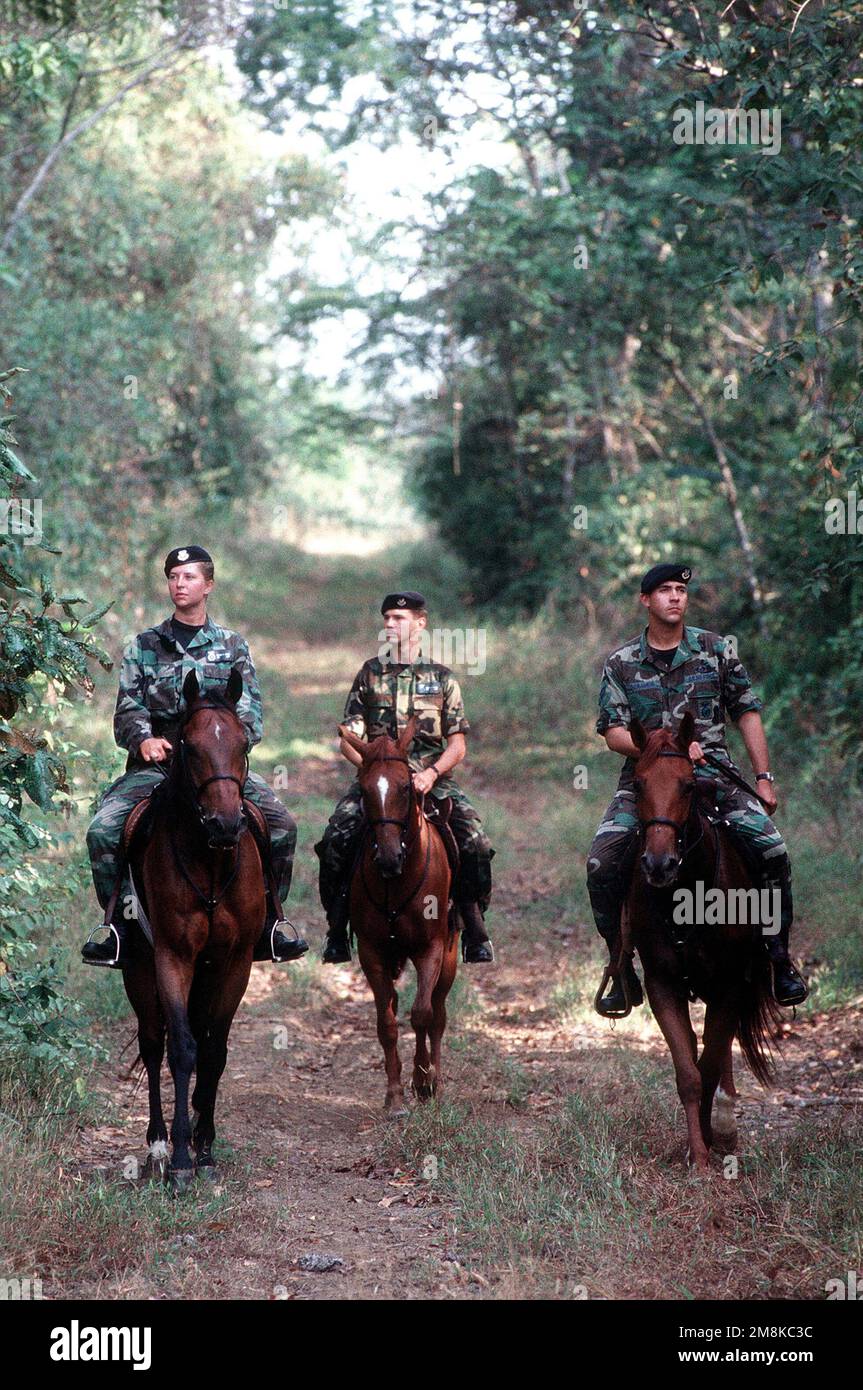 Drei Mitglieder der USAF 24. Sicherheitspolizei, Mounted Horse Patrol ...