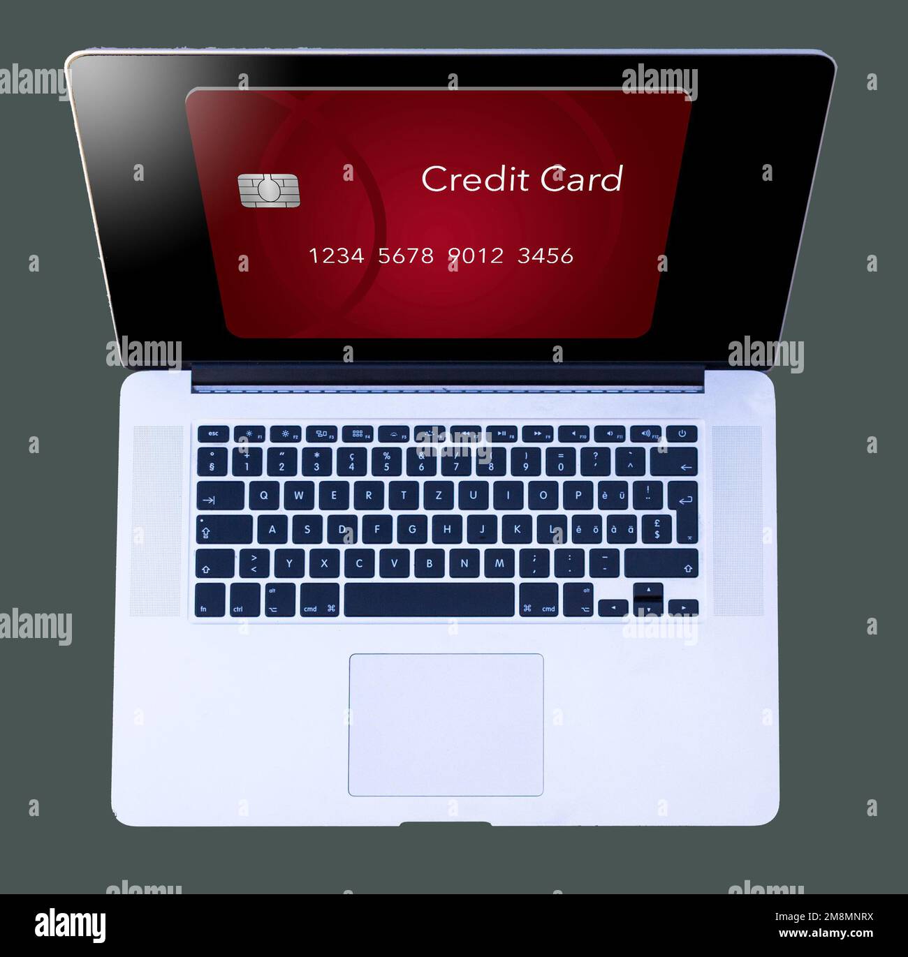 Eine generische rote Kreditkarte wird von oben auf dem Bildschirm eines ...
