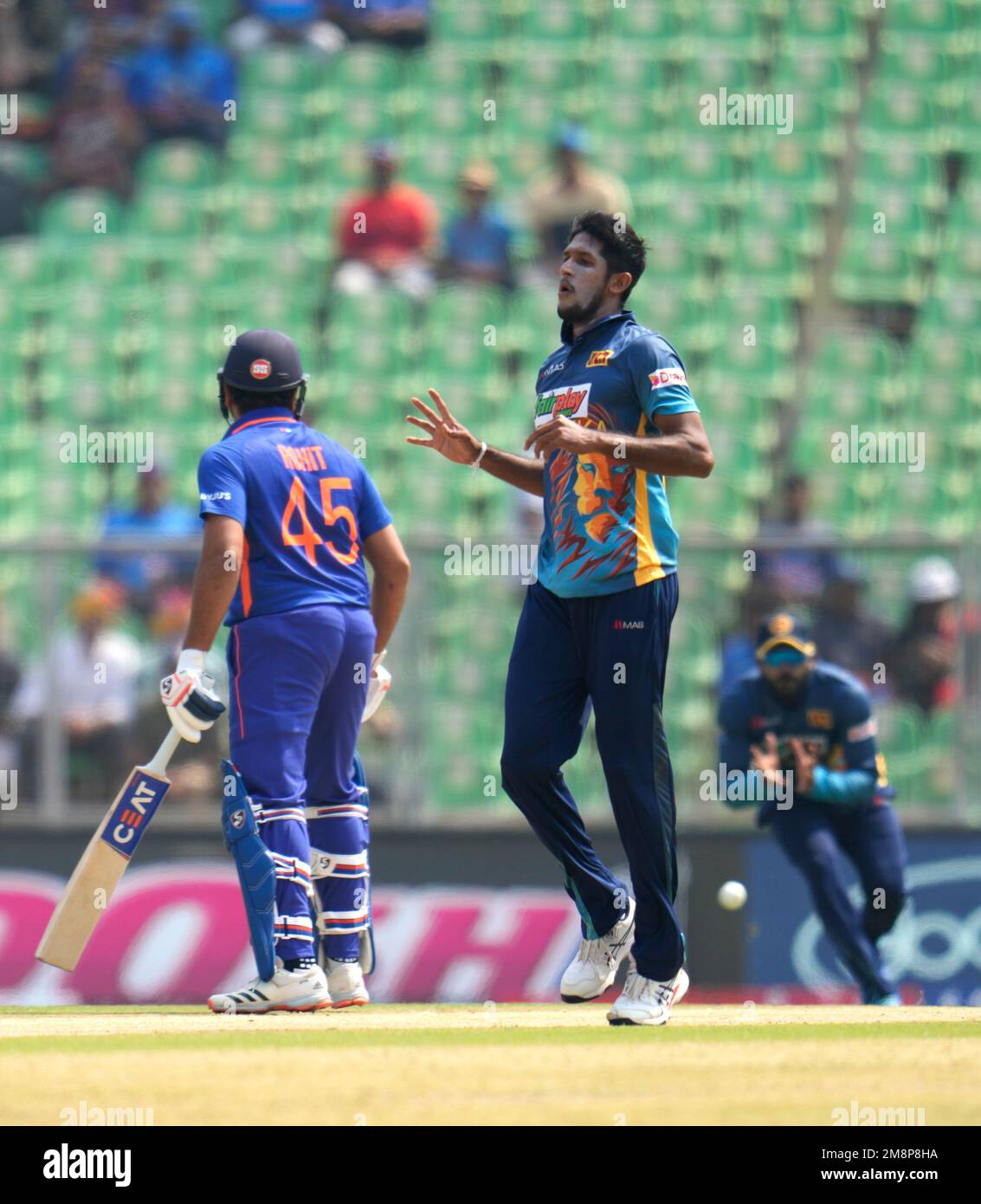 Sri Lanka's Kasun Rajitha reacts after balling a delivery during the ...