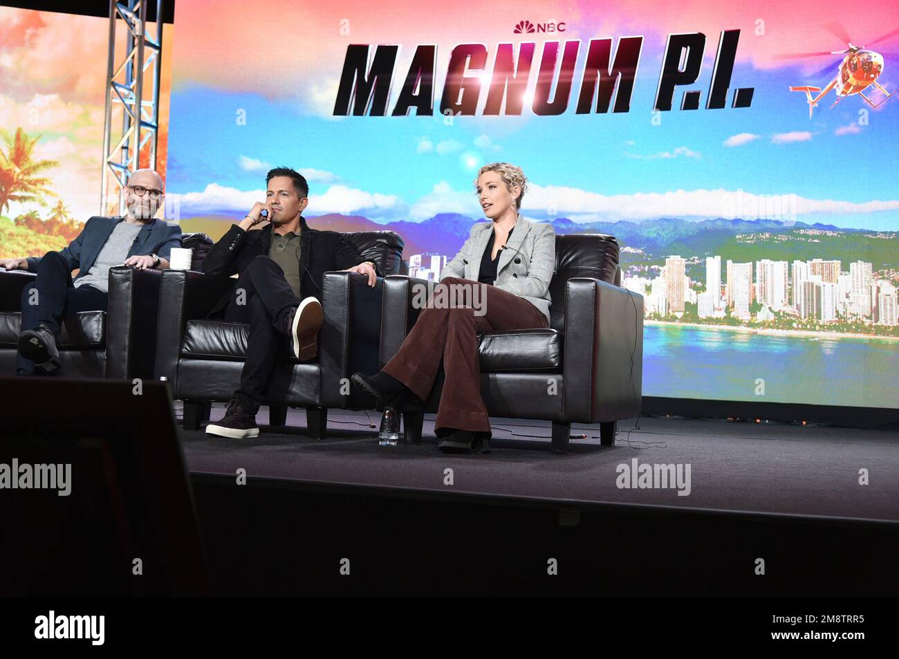 Eric Guggenheim, from left, Jay Hernandez and Perdita Weeks participate ...