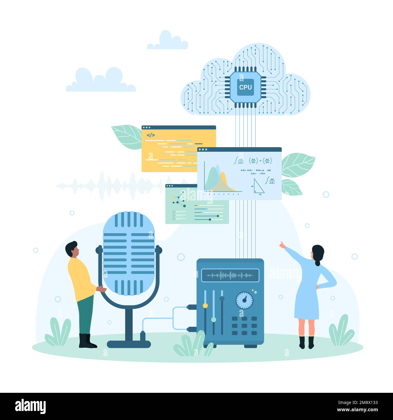 Vektordarstellung der Spracherkennung. Cartoon Tiny People steuern das Personal Smart Assistant ...