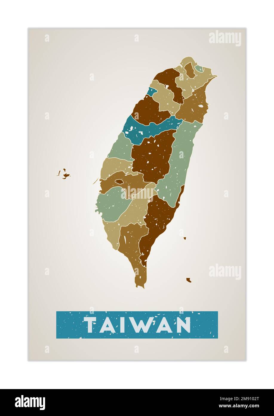Taiwan-Karte. Länderposter mit Regionen. Alte Grunge-Textur. Form ...