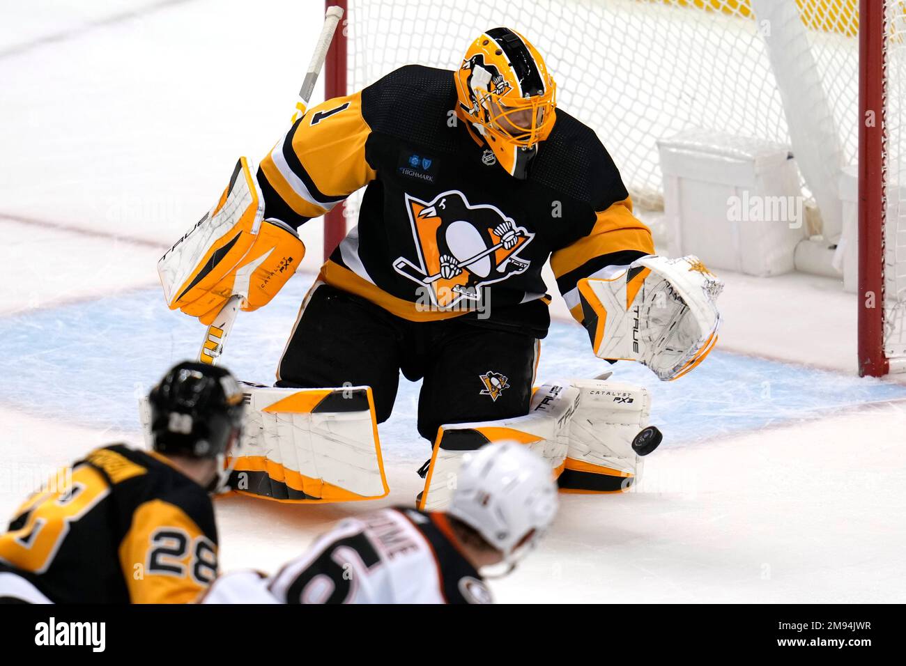 Pittsburgh Penguins goaltender Casey DeSmith (1) blocks a shot by ...