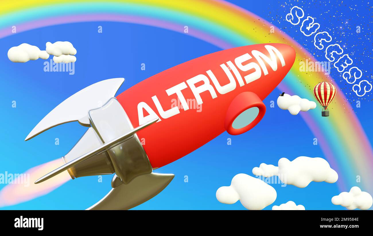 Altruismus führt zu Erfolg im Geschäft und im Leben. Cartoon-Rakete mit ...