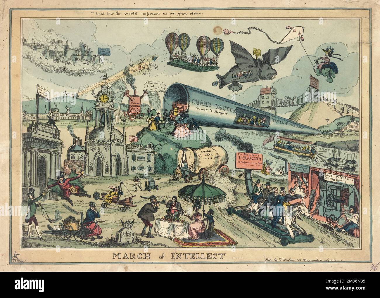 Satirischer Cartoon, der Intellekt-Marsch, zeigt die Röhrenverbindung ...