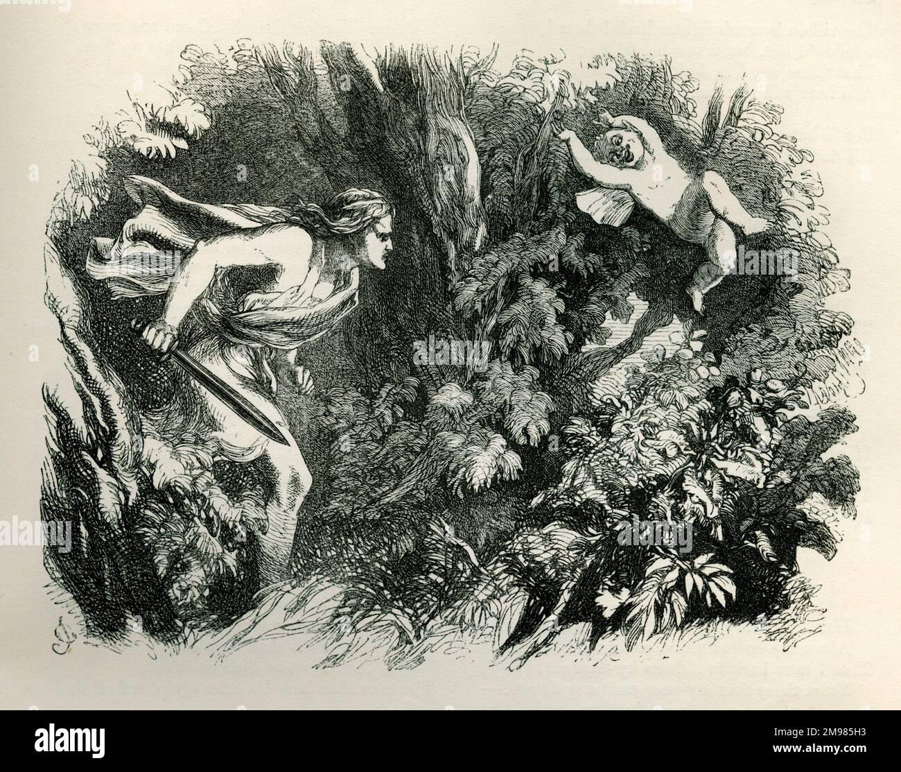 Ein Sommernachtstraum – eine Szene im Wald, in der Puck einen der Liebhaber (Lysander oder ...