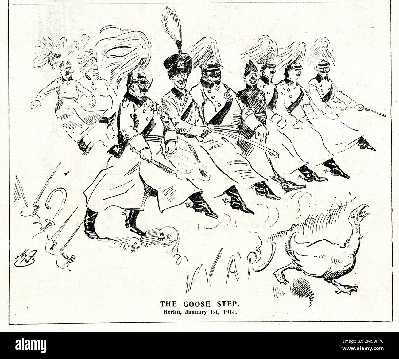 Cartoon, The Goose Step, Berlin, 1. Januar 1914, vor-WW1-Cartoon von ...