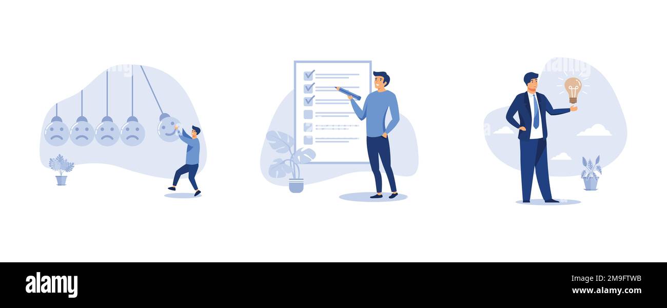 Ein Mann, der mit dem Lächeln-Gesicht-Pendel andere traurige Gesichter ...