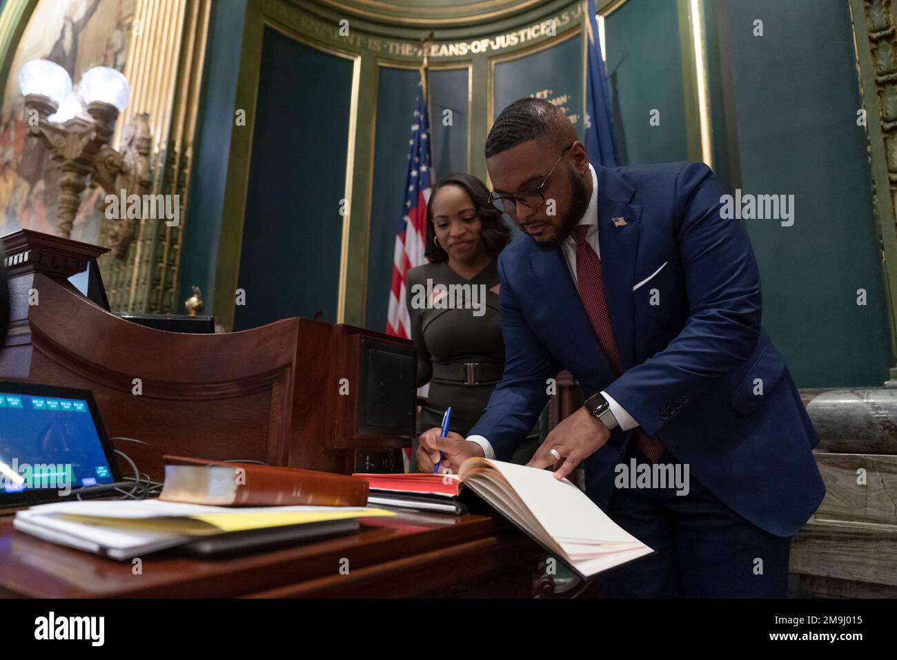 Democratic Lt. Gov. Austin Davis accompanied by his wife Blayre Holmes ...