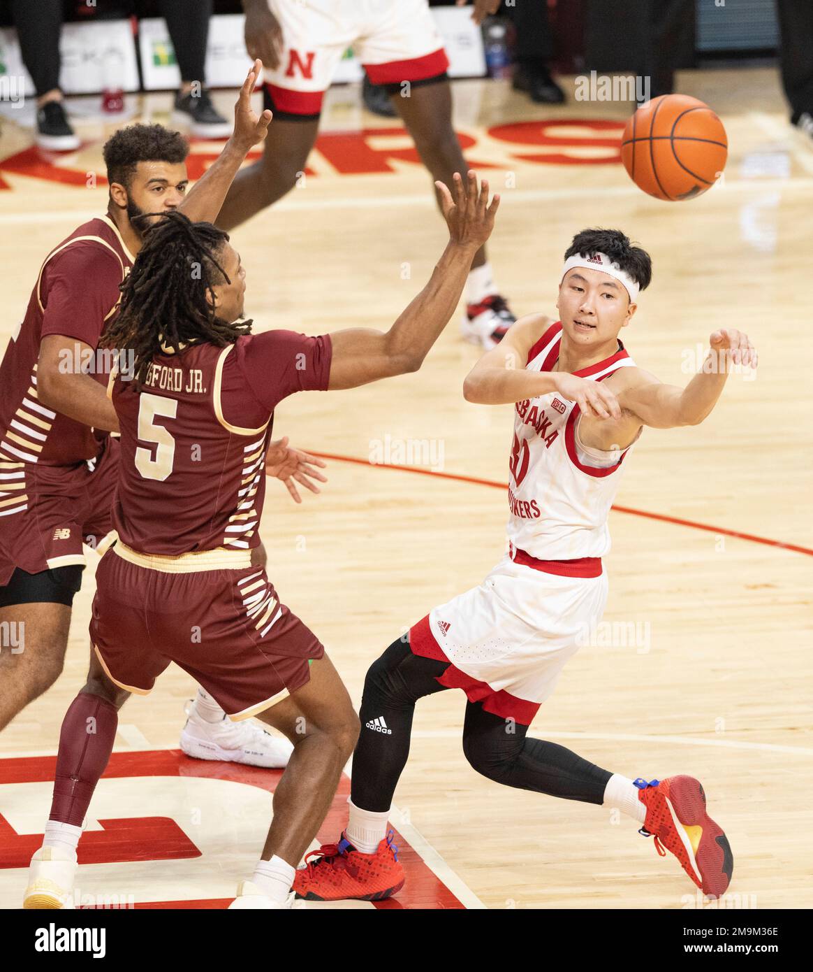 Boston College's CJ Penha Jr., from left, and DeMarr Langford Jr. guard ...