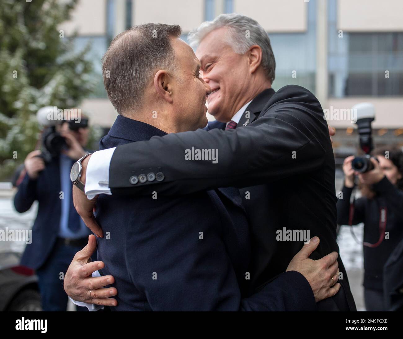 Lithuania's President Gitanas Nauseda, right, greets Poland's President ...