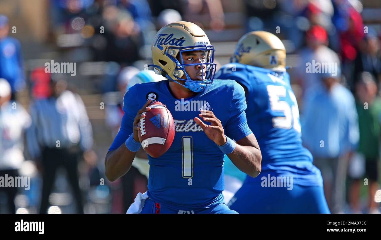 Tulsa quarterback Braylon Braxton looks to pass during an NCAA college ...
