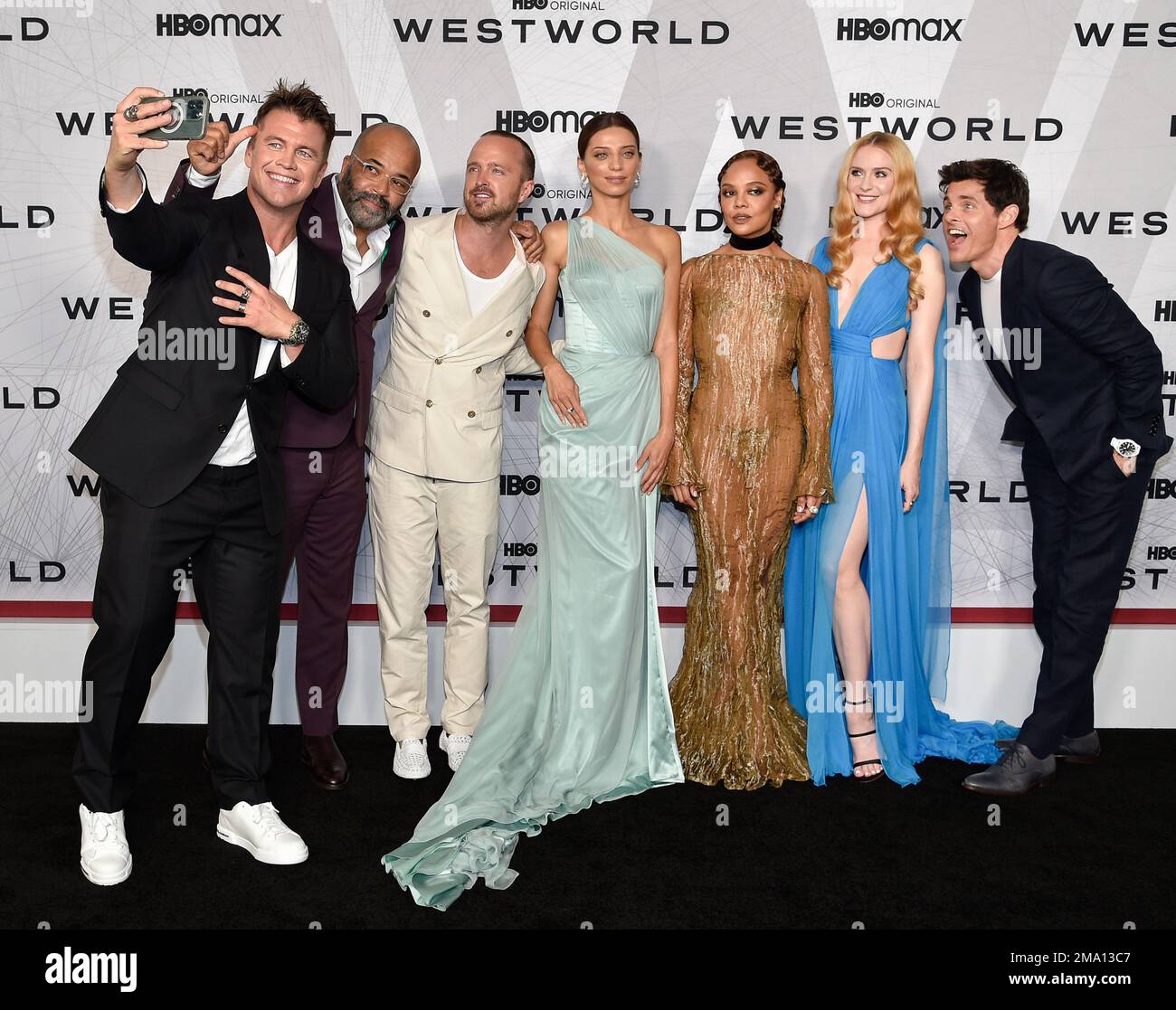 FILE - Luke Hemsworth, left, Jeffrey Wright, Aaron Paul, Angela ...