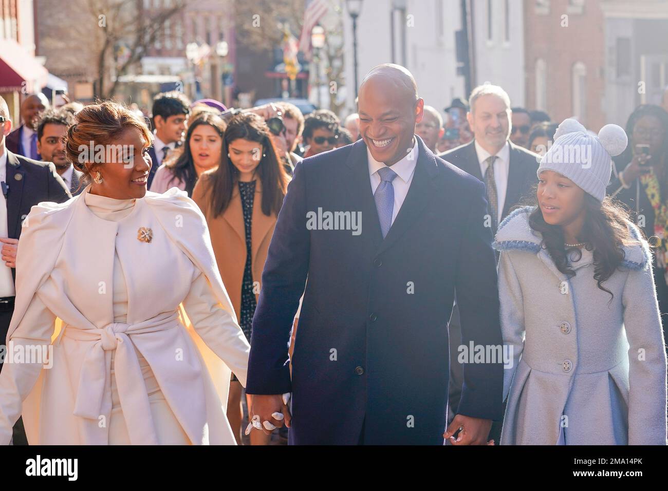Governor-Elect Wes Moore, his wife Dawn, and their daughter Mia, lead a ...