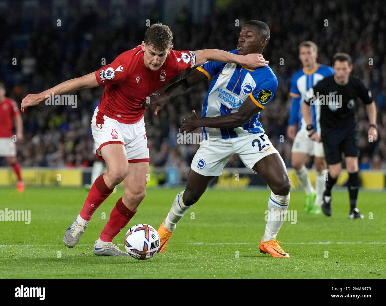 Nottingham Forest's Ryan Yates, left, makes an attempt to score past ...