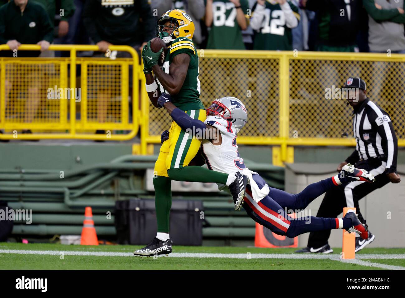 Green Bay Packers wide receiver Romeo Doubs looks to catch a pass ahead ...