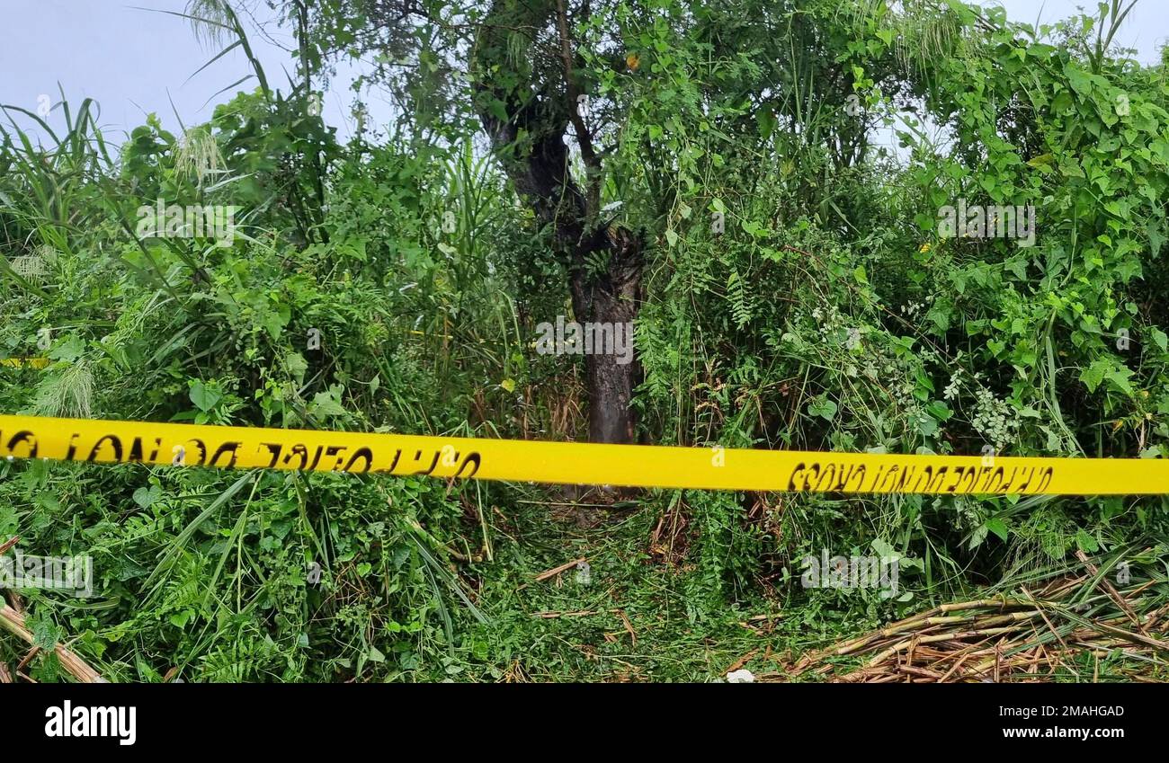 A crime scene tape cordons off a tree where the bodies of two teenage ...