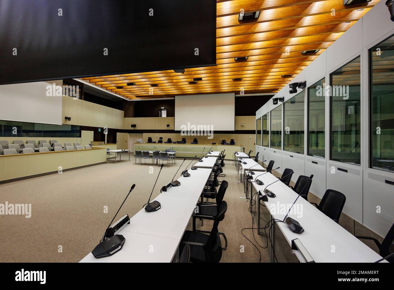 A general view of the defendants boxes and the main courtroom, which ...