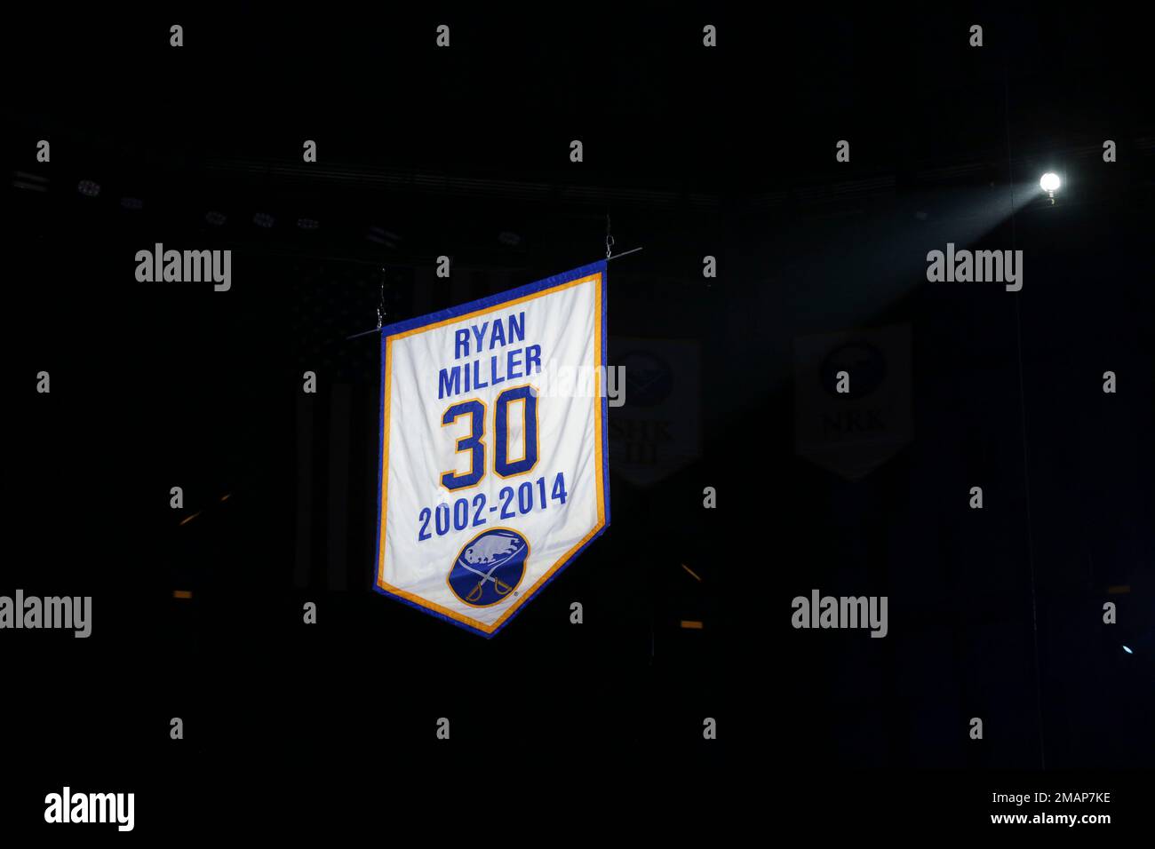 A banner with former Buffalo Sabres goaltender Ryan Miller's name and ...
