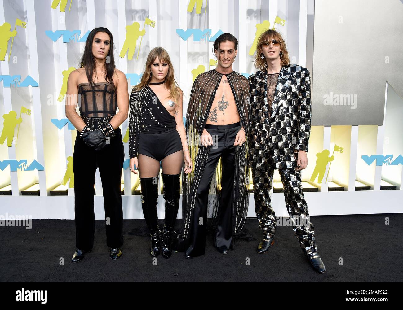 Maneskin, from left, Ethan Torchio, Victoria De Angelis, Damiano David and Thomas Raggi arrive ...