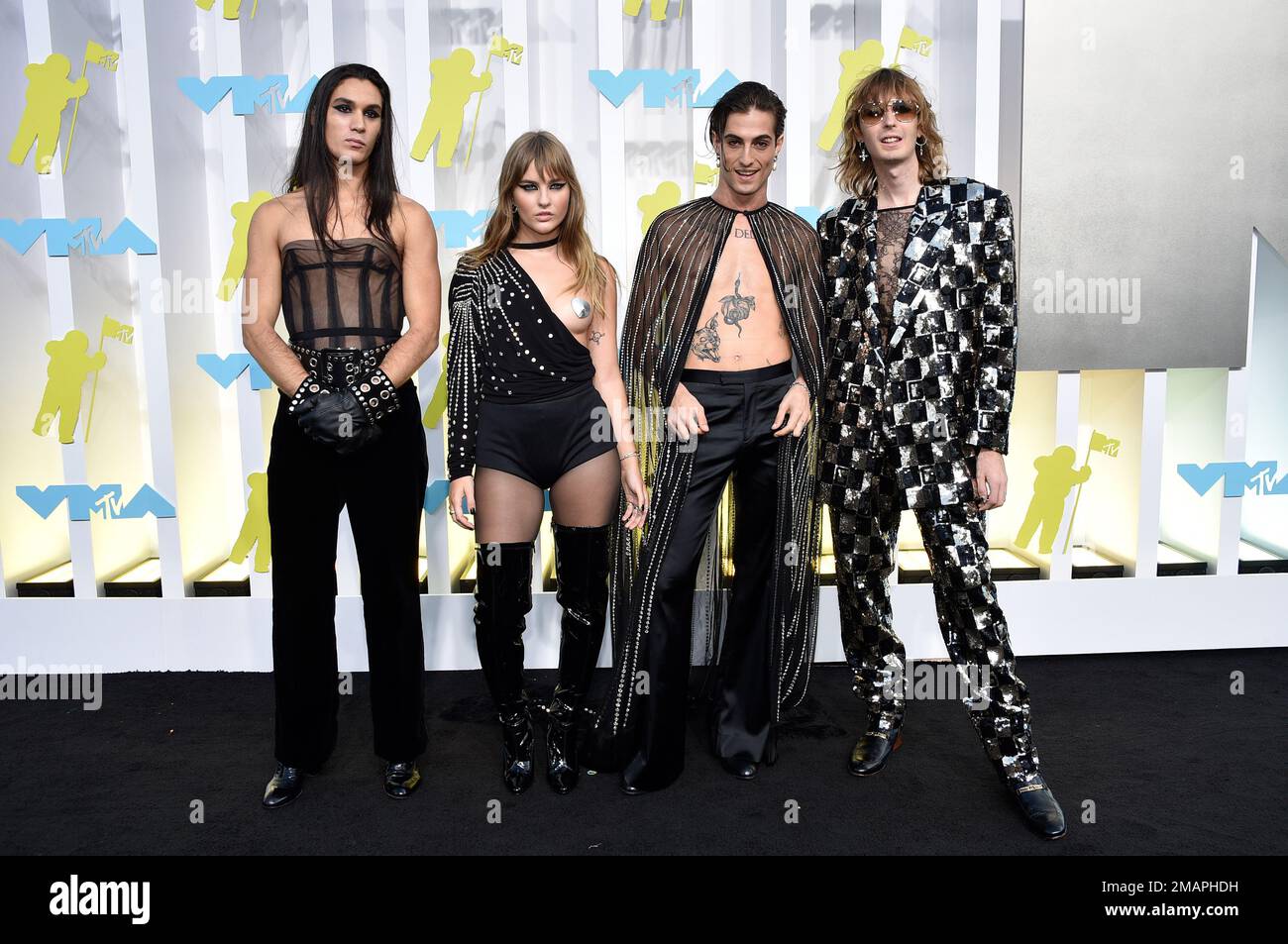 Maneskin, from left, Ethan Torchio, Victoria De Angelis, Damiano David, and Thomas Raggi arrive ...