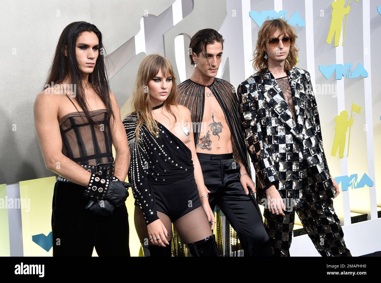 Maneskin, from left, Ethan Torchio, Victoria De Angelis, Damiano David and Thomas Raggi arrive ...