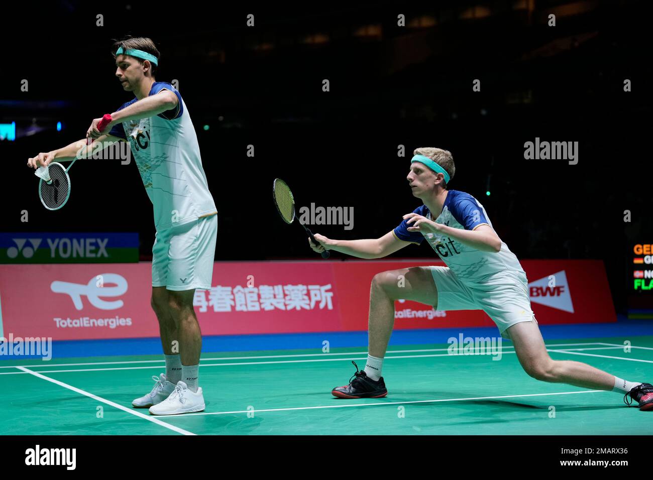 Vegard Rikheim of Norway, left, with Torjus Flaatten serves during a ...