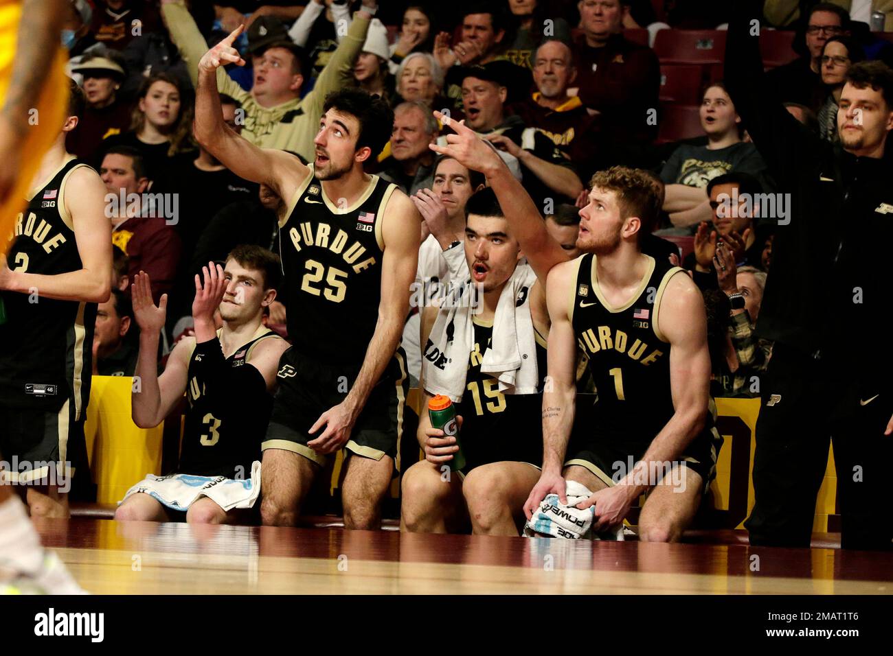 Purdue players Braden Smith (3), Ethan Morton (25), Zach Edey (15) and ...