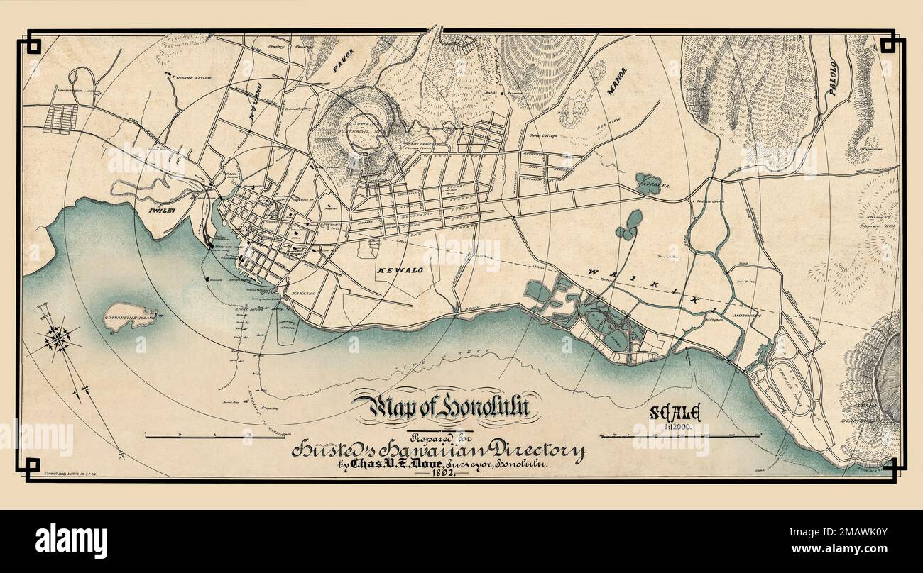 Karte von Honolulu 1892, antike Karte. Wiederhergestellte Nachbildung ...