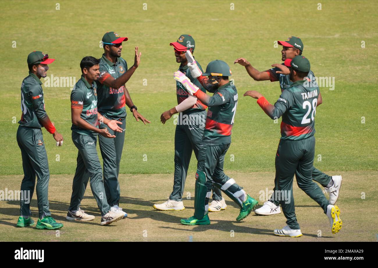 Bangladesh players celebrate the wicket of Zimbabwe's batsman Tanaka ...