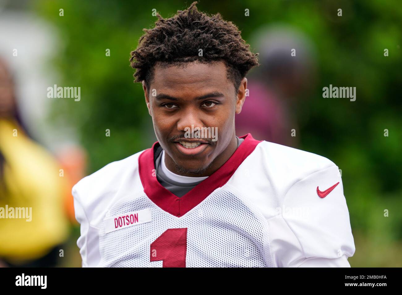 Washington Commanders wide receiver Jahan Dotson (1) walks to practice ...