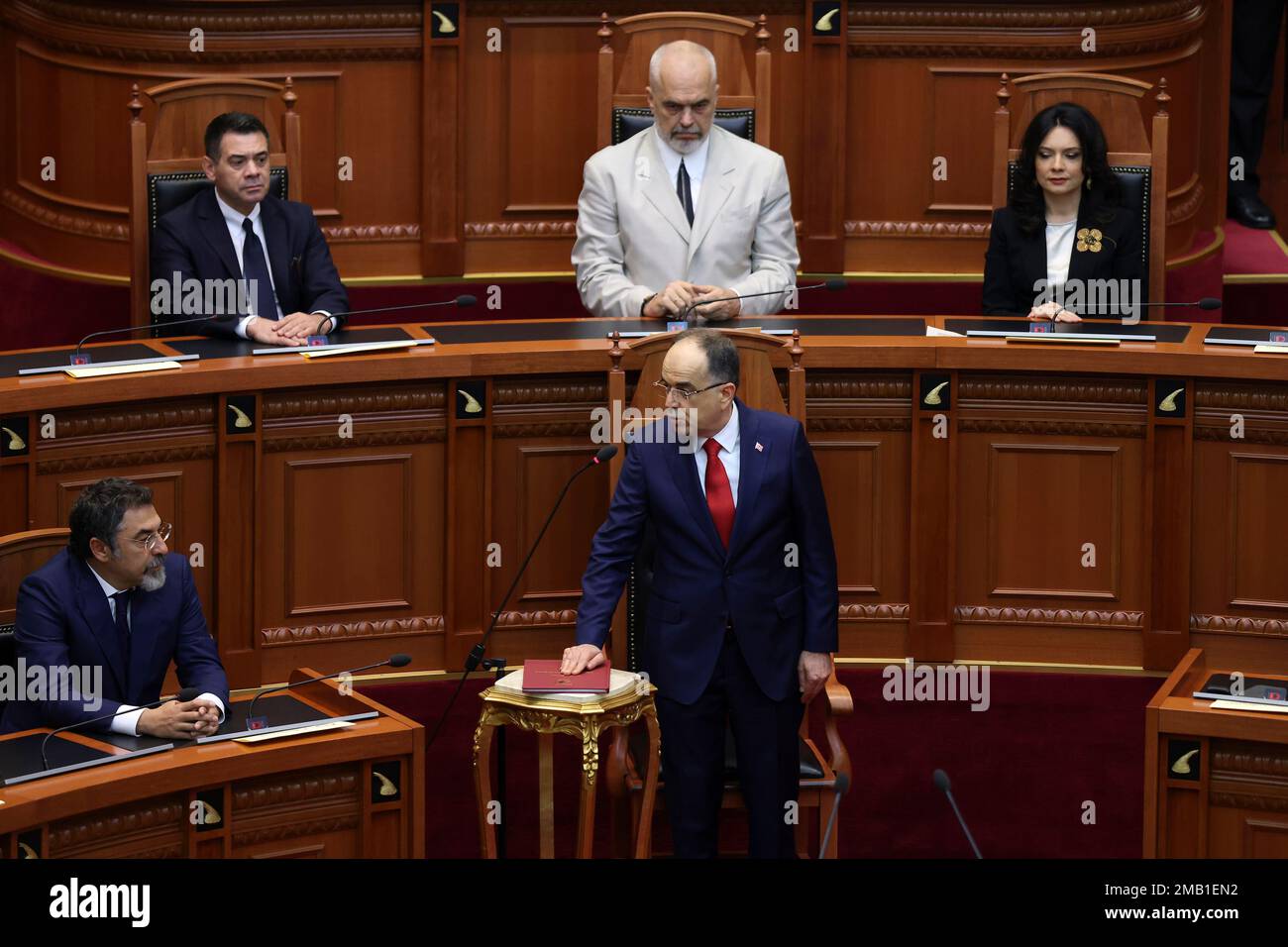 Newly appointed Albanian President Bajram Begaj takes the oath during a ...