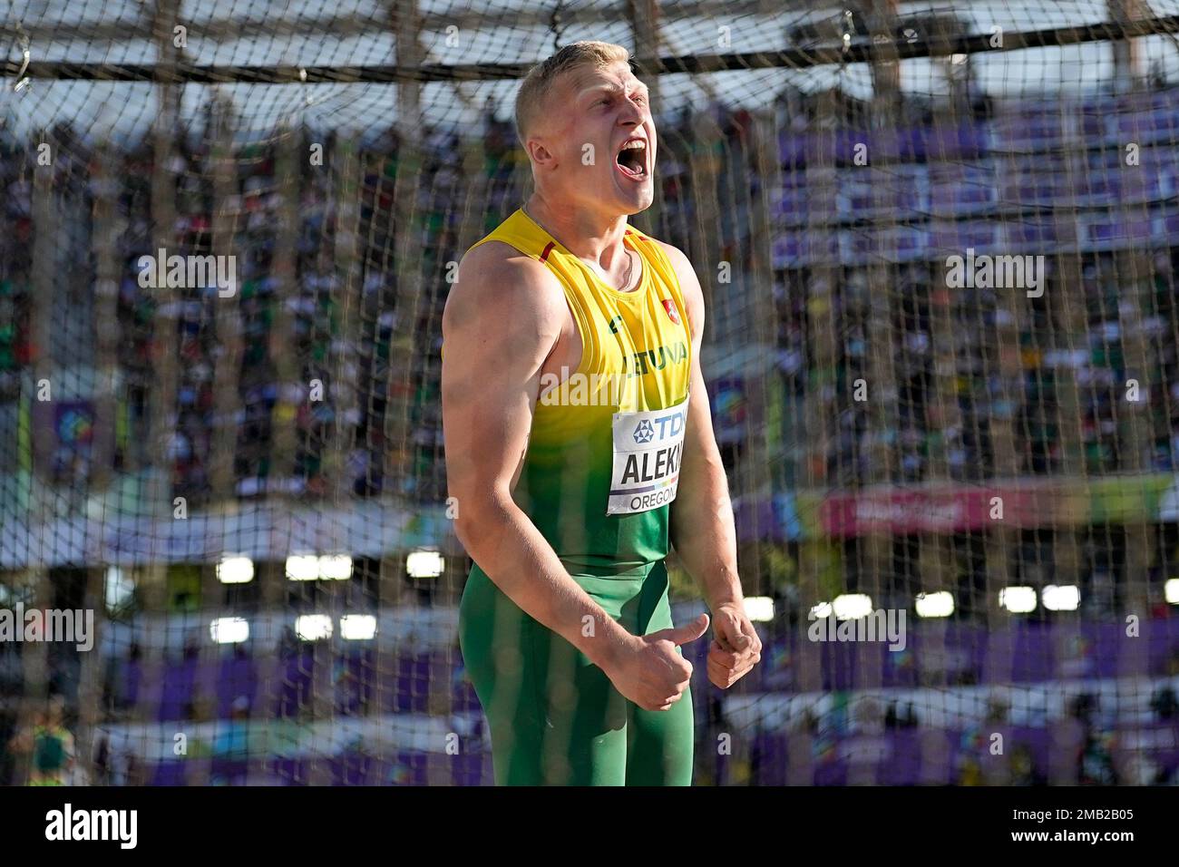 Mykolas Alekna, of Lithuania, competes during the final of the men's ...