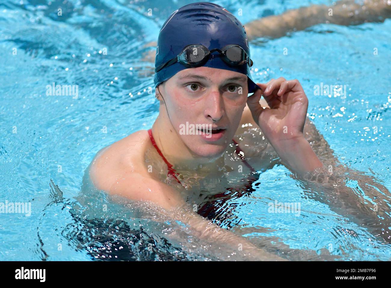 FILE - Transgender swimmer Lia Thomas speaks to her coach after winning ...