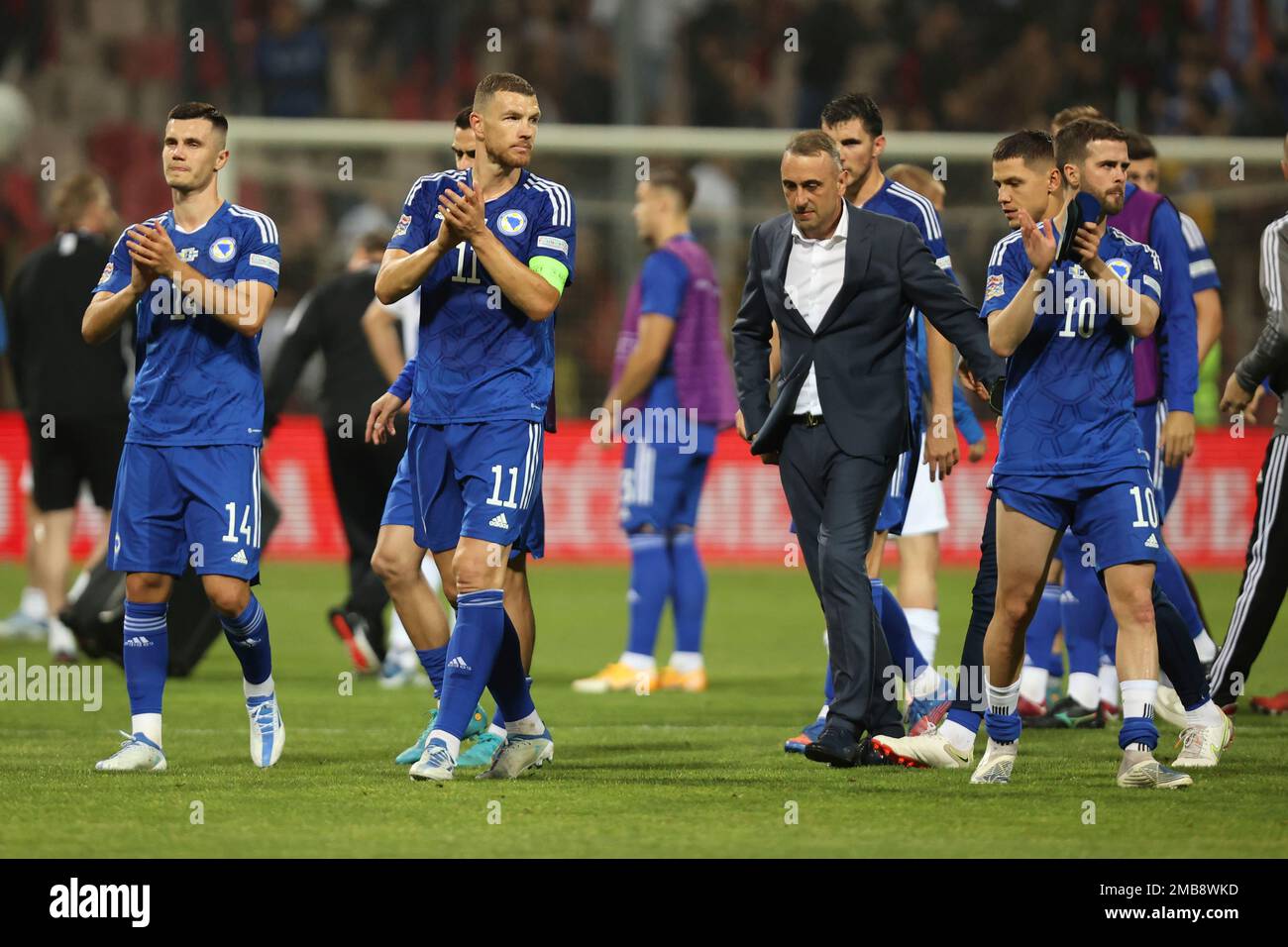 Bosnia's Edin Dzeko, second left, Miralem Pjanic, right, and Amer Gojak ...