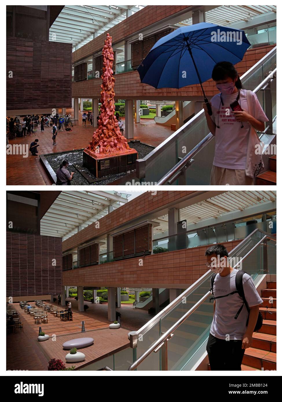 This combination of photos show the "Pillar of Shame" statue, a ...