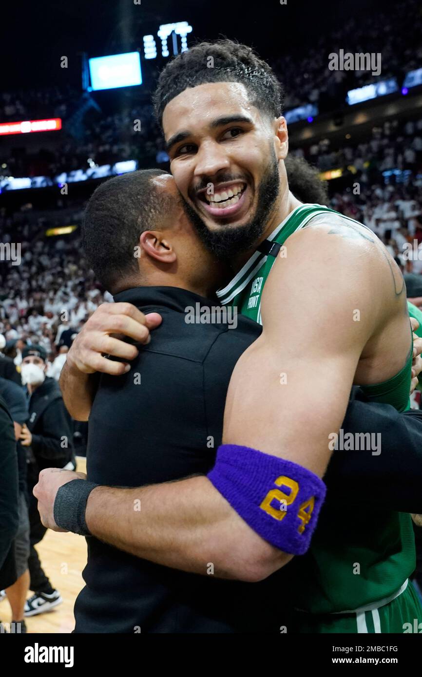 Boston Celtics forward Jayson Tatum (0) celebrates after winning Game 7 ...
