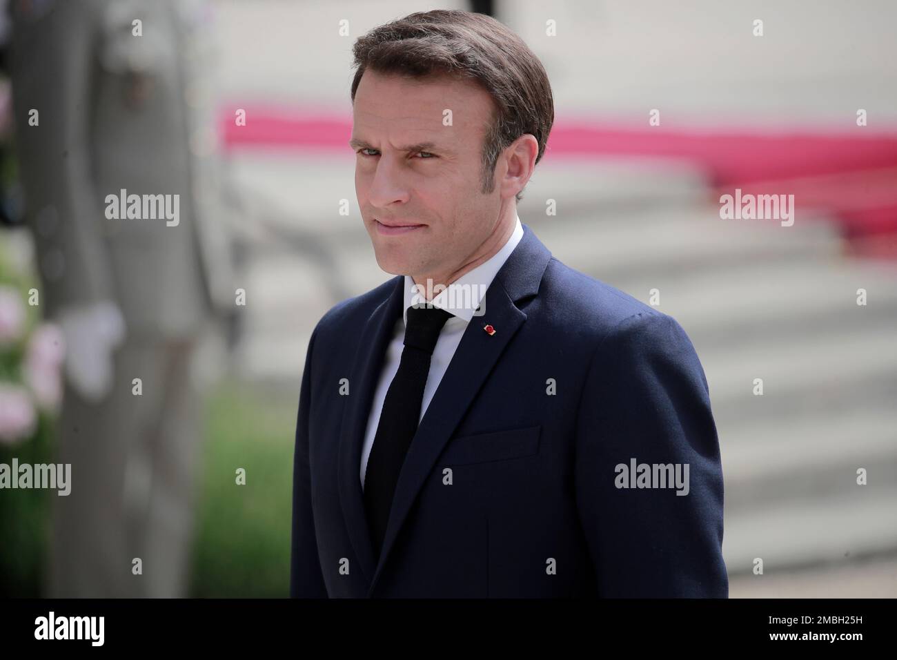 French President Emmanuel Macron reviews military troops during the ...