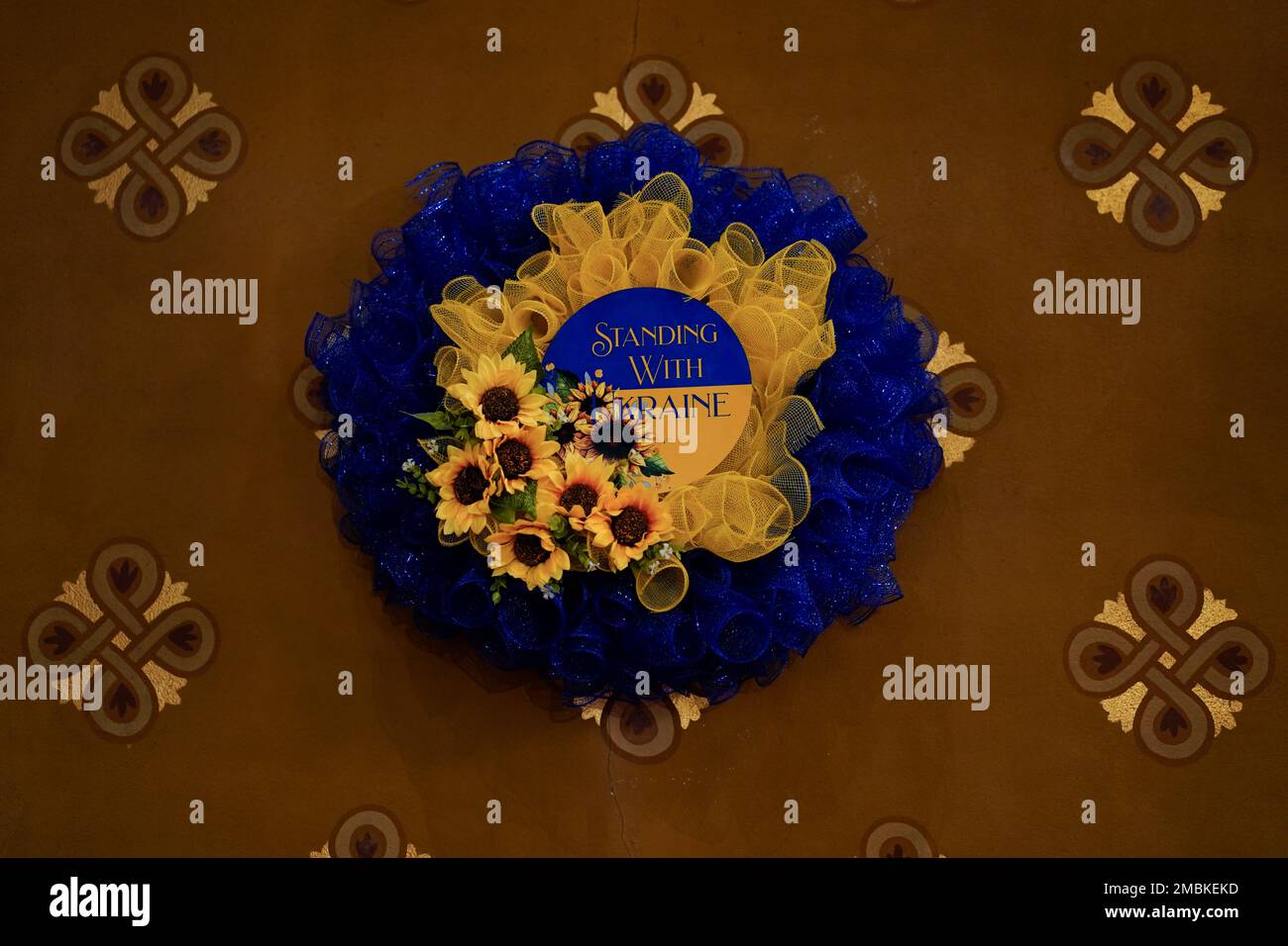 A wreath that reads "Stand With Ukraine" is seen during the Easter Food ...