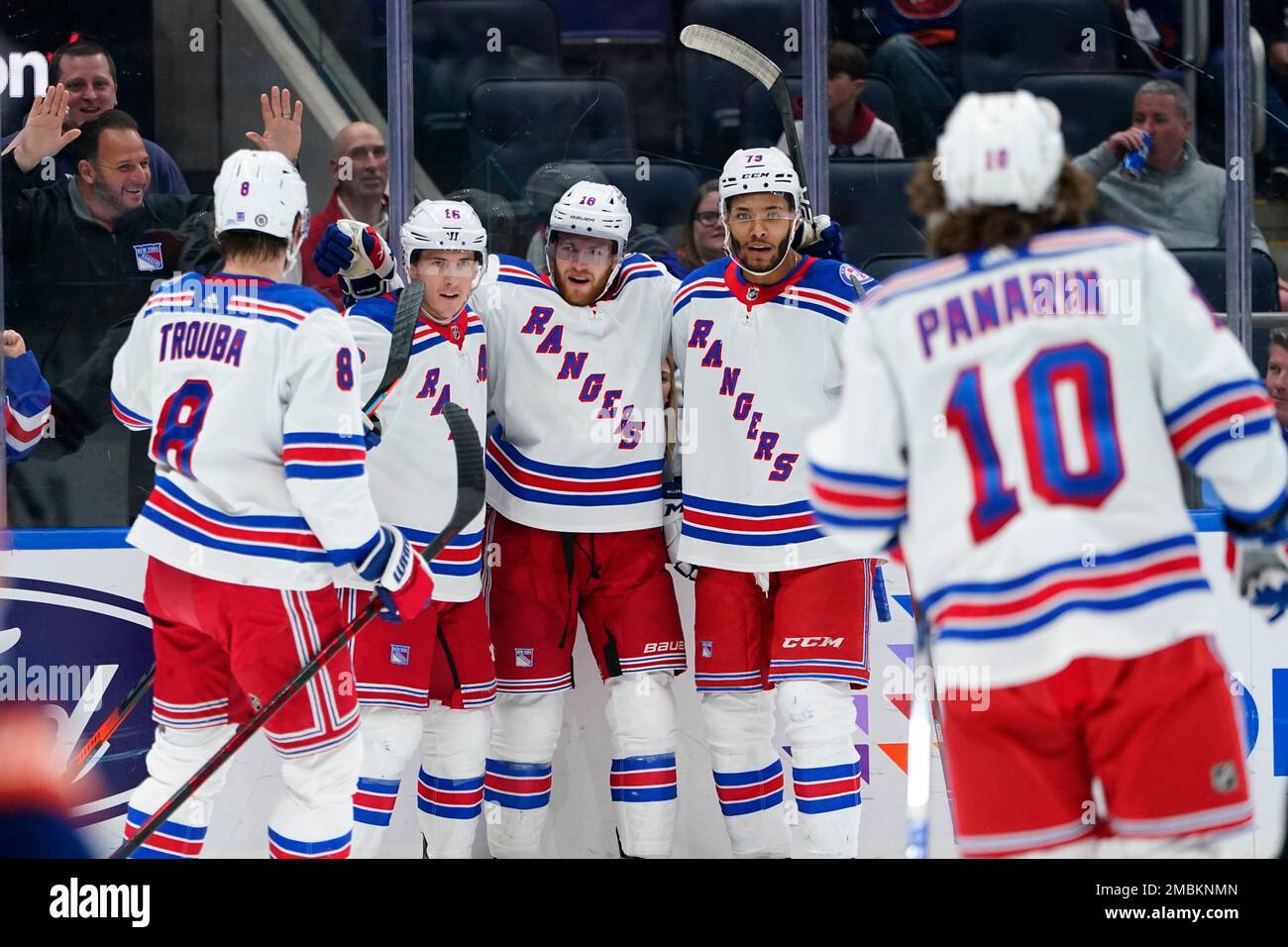 New York Rangers' Andrew Copp (18) celebrates with Jacob Trouba (8 ...