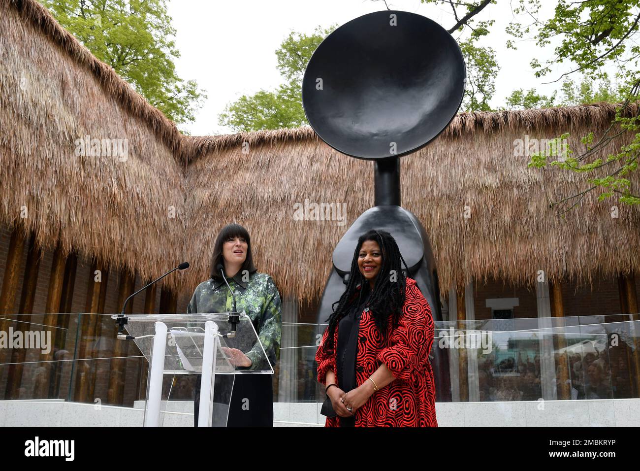 American sculptor Simone Leigh, right, and curator Eva Respini attend a ...