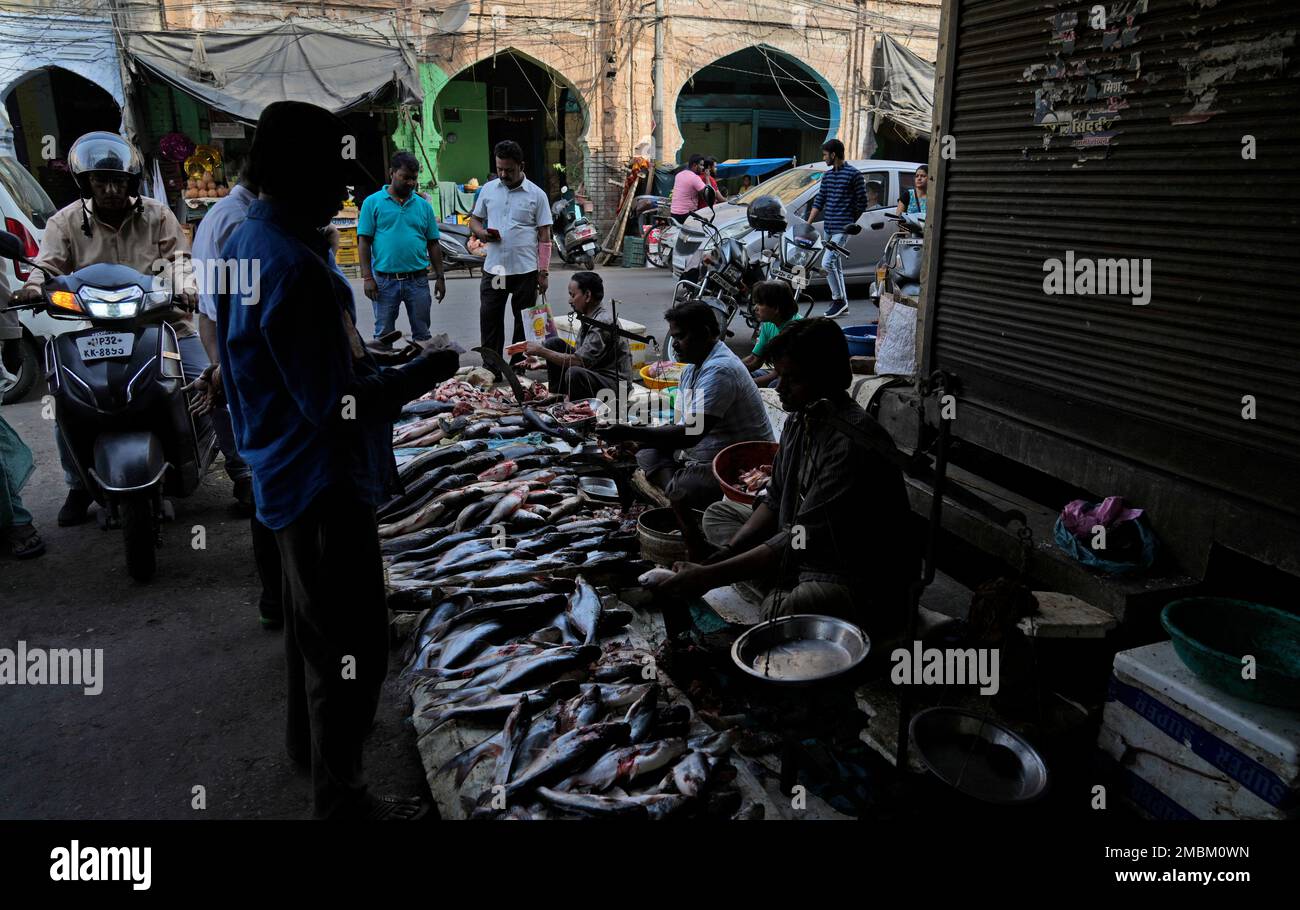 Fishmongers tend to customers at their roadside stalls in Lucknow ...