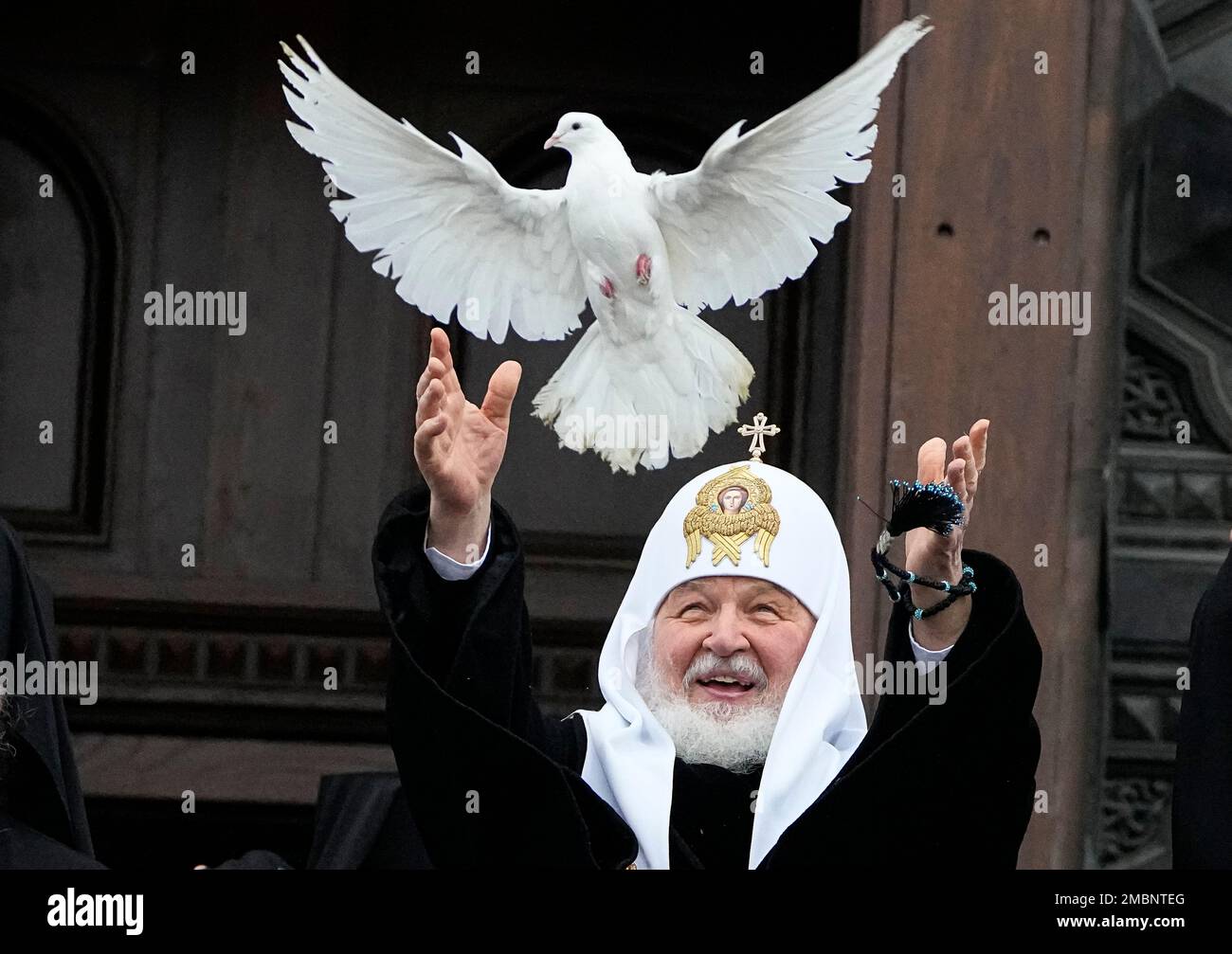 Russian Orthodox Church Patriarch Kirill releases a bird celebrating ...