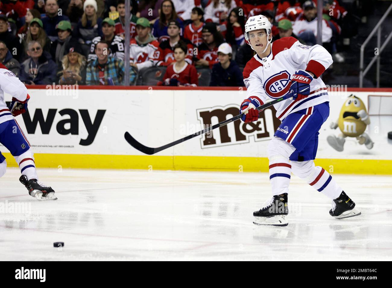 Montreal Canadiens defenseman Justin Barron (52) passes the puck ...