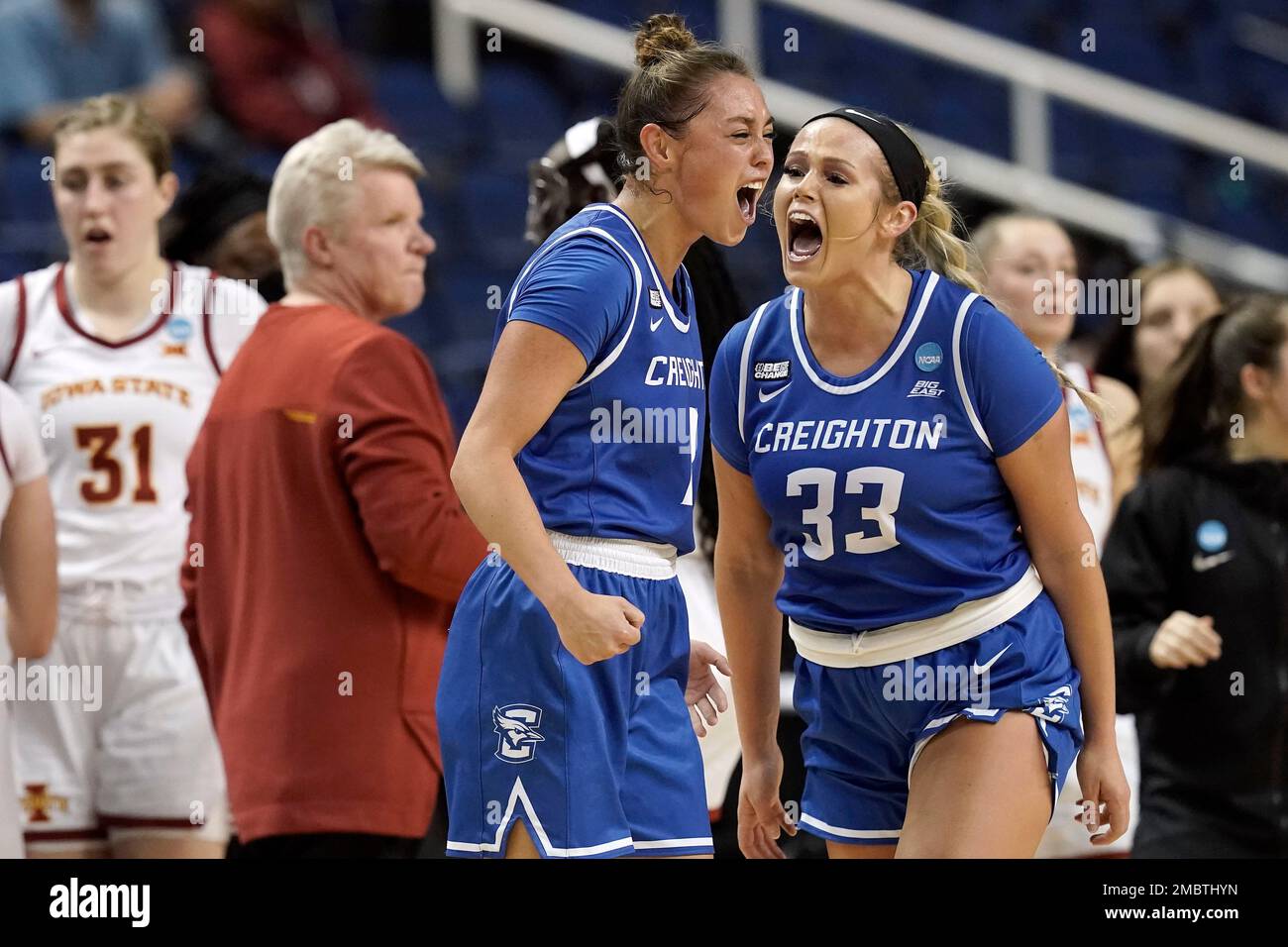 Creighton guard Tatum Rembao (2) and guard Payton Brotzki (33) react ...