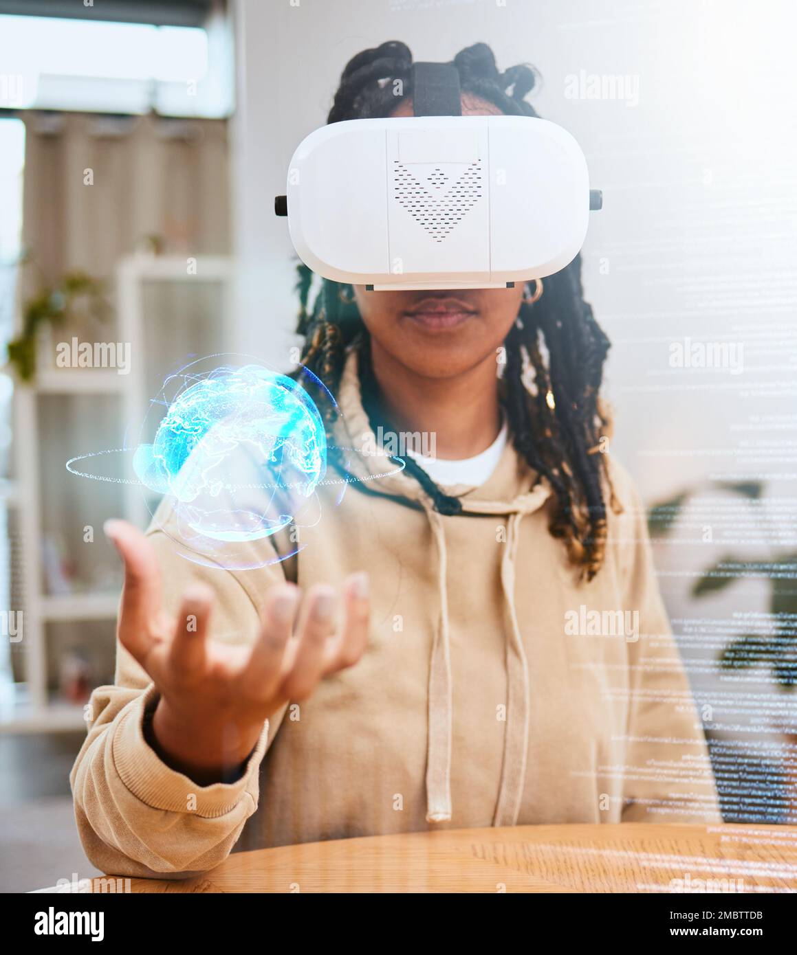 Virtuelle Realität, vr Metaverse oder Frau mit Globus-Hologramm, 3D ... Virtuelle Realität, vr Metaverse oder Frau mit Globus-Hologramm, 3D ...
