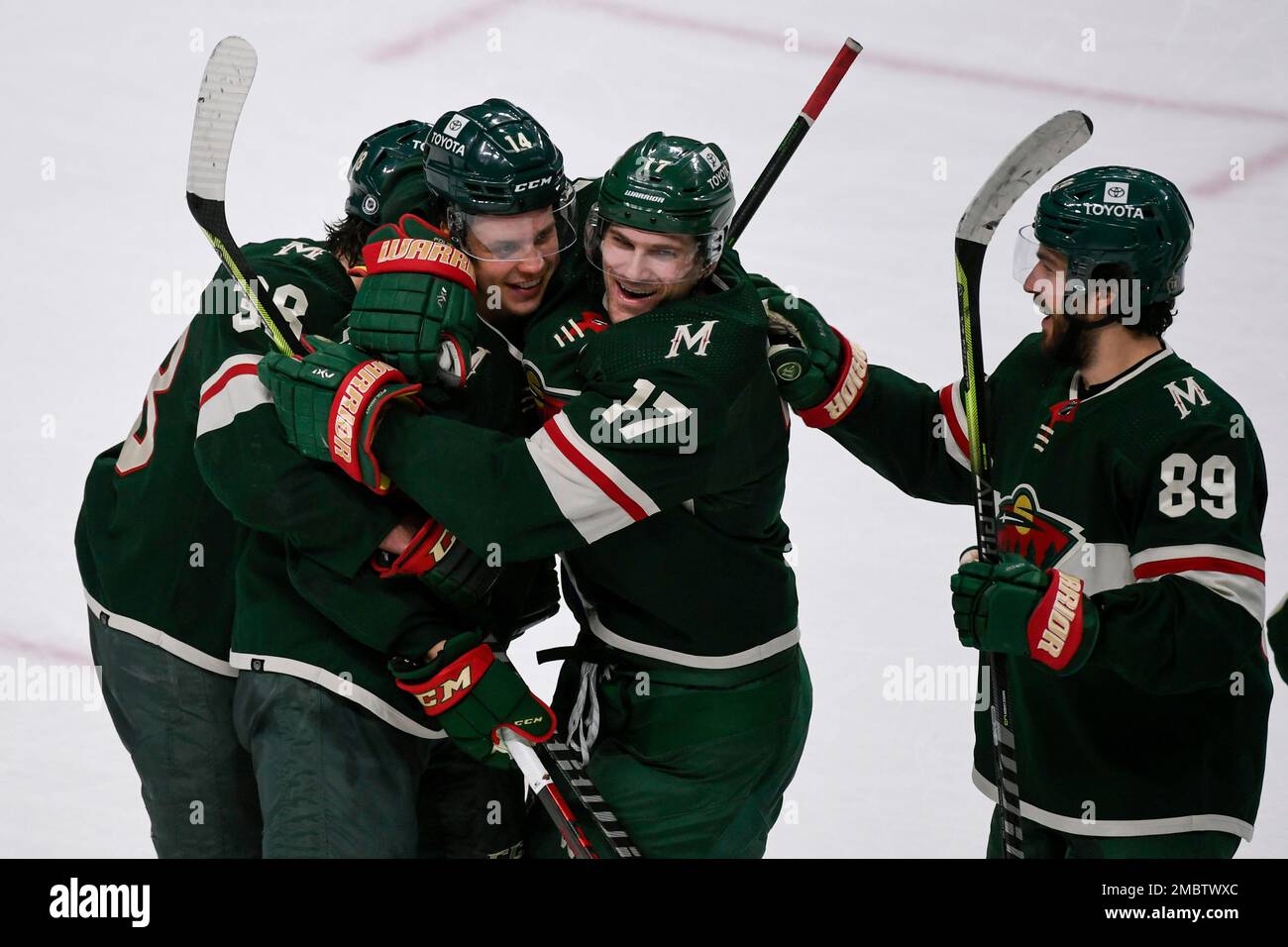 Minnesota Wild Joel Eriksson Ek, second from left, celebrates with ...
